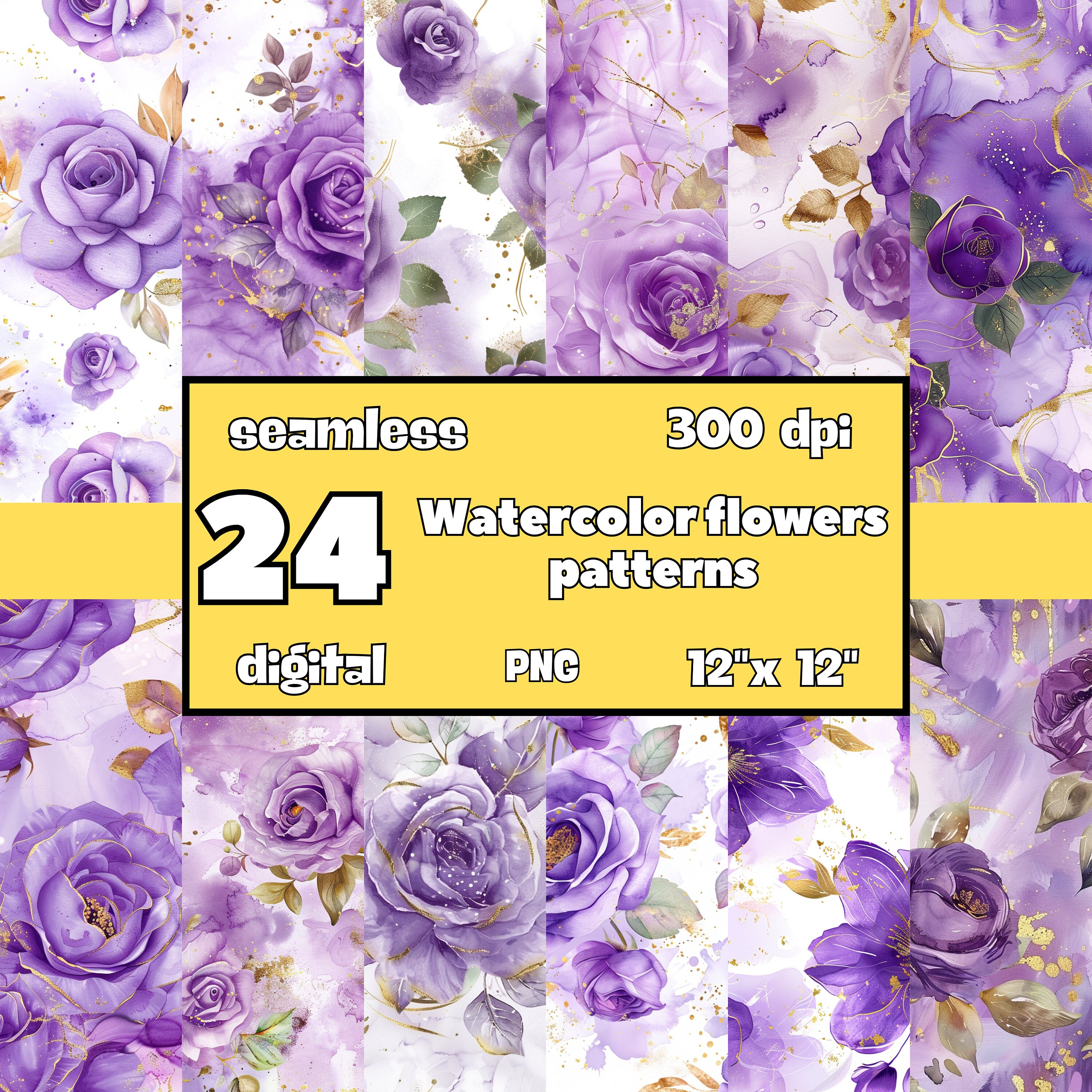 Purple Watercolor Flowers Floral Pattern Digital Paper Bundle Seamless ...