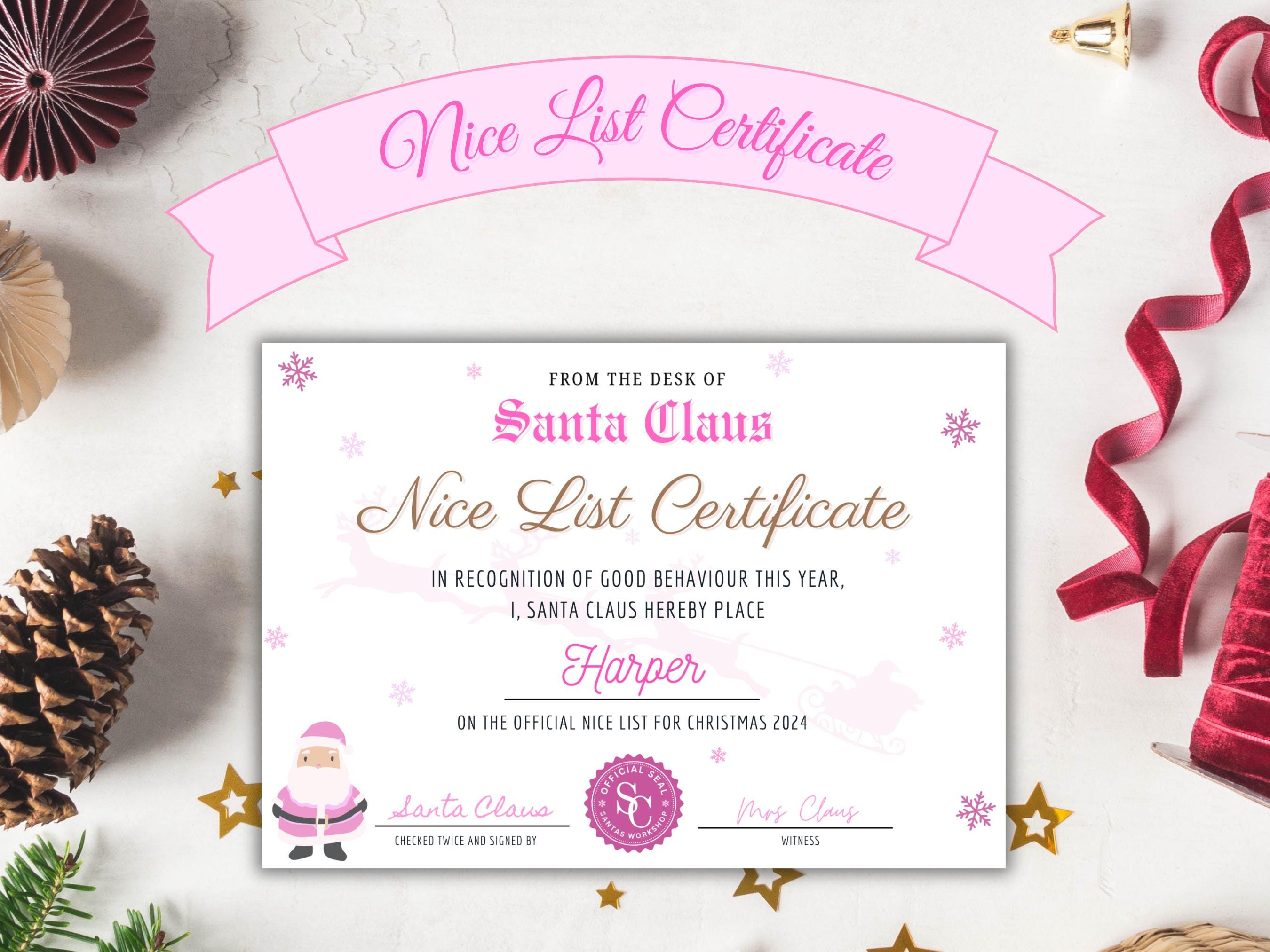 Official Pink Nice List Certificate From Santa | Letter From Santa ...
