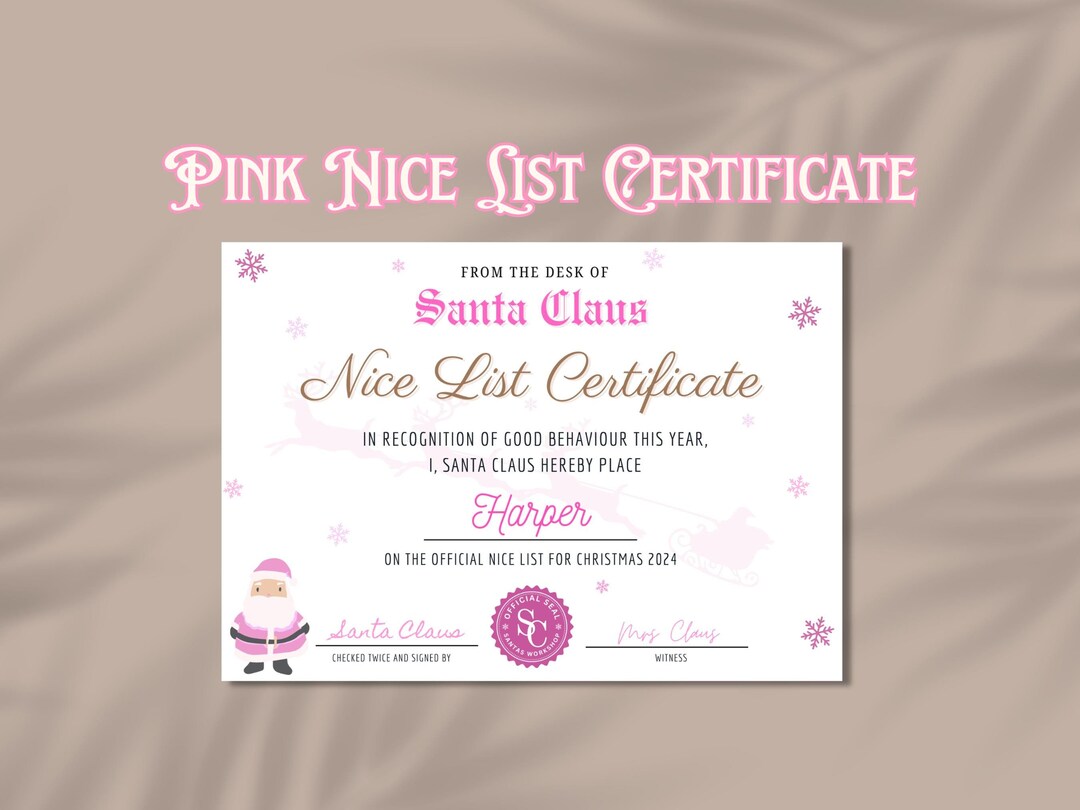 Official Pink Nice List Certificate From Santa Letter From Santa ...