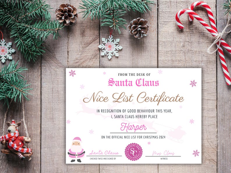 Official Pink Nice List Certificate From Santa | Letter From Santa ...