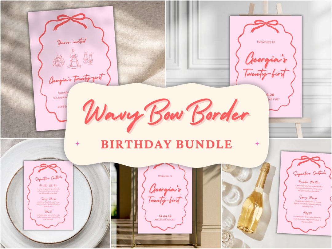 Wavy Bow Border Birthday Invitation | Signature Cocktails Menu ...