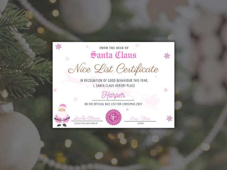 Official Pink Nice List Certificate From Santa | Letter From Santa ...