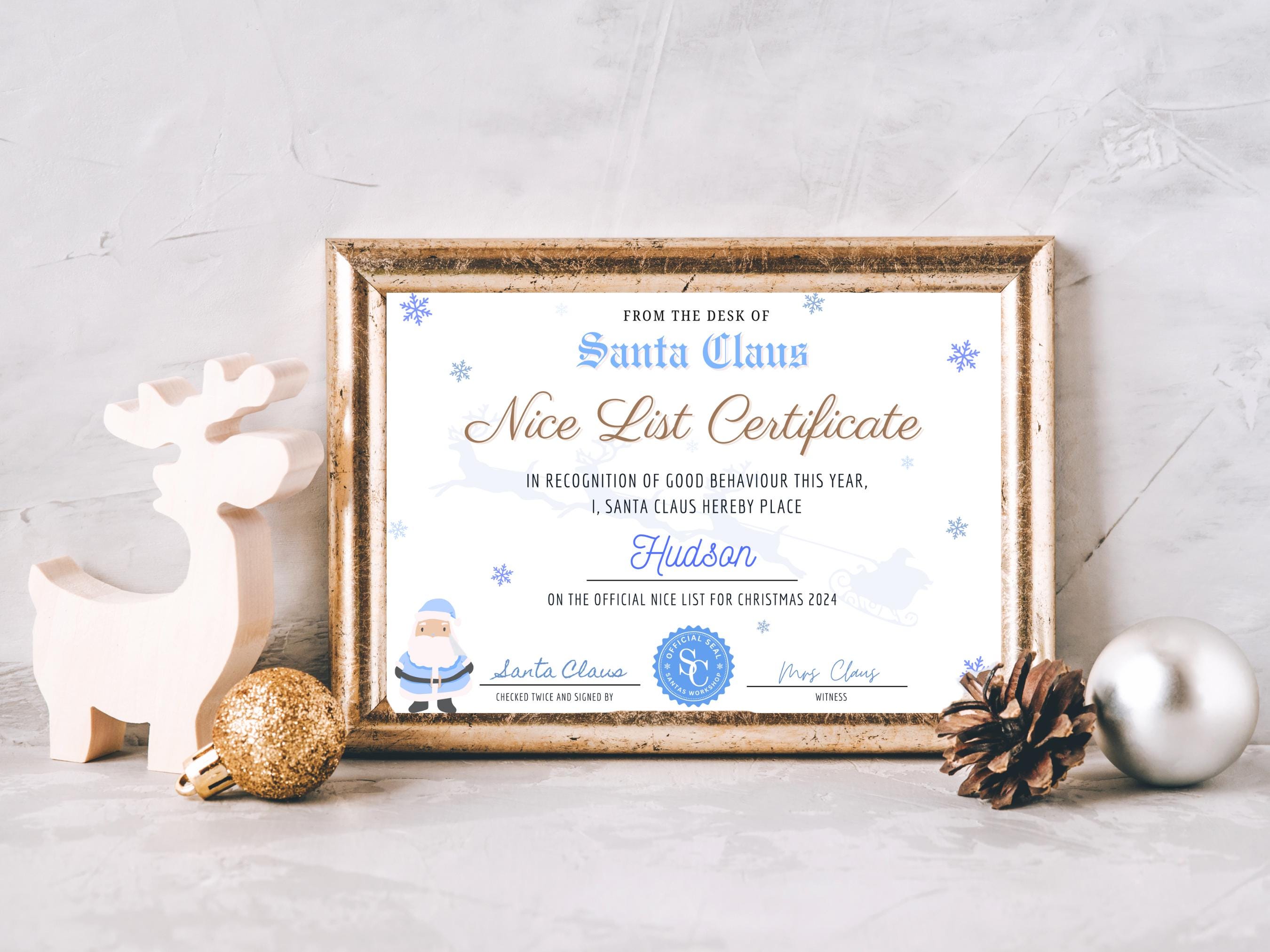Official Blue Nice List Certificate From Santa | Letter From Santa ...