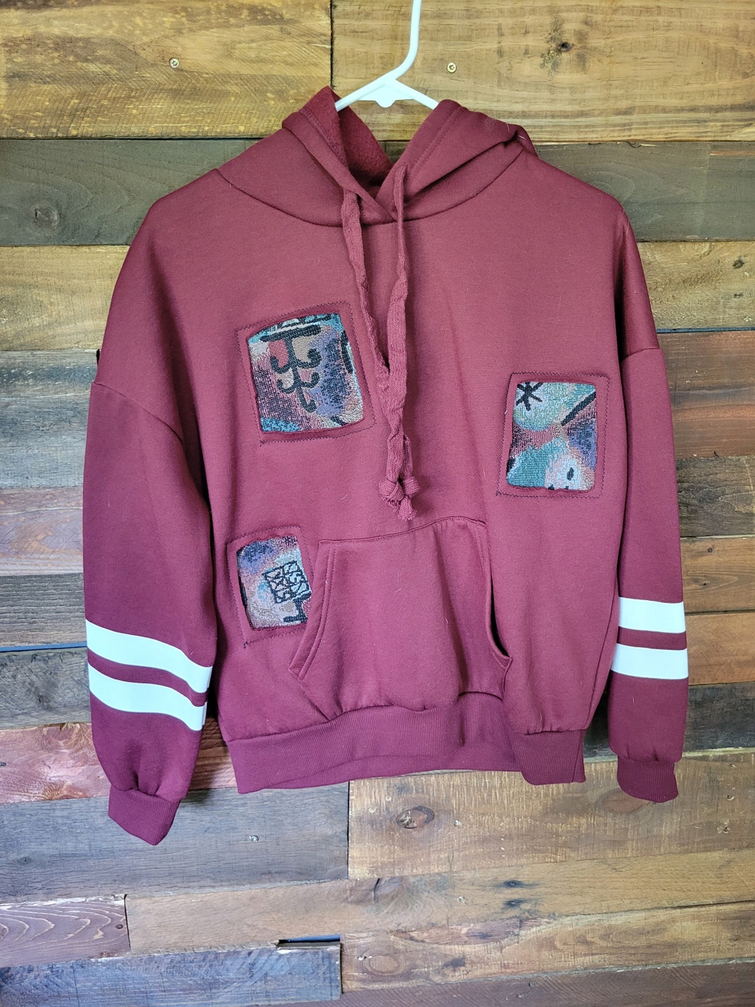 Maroon Patch, Patchwork Hoodie, Repurposed Hoodie, Redesigned Hoodie ...
