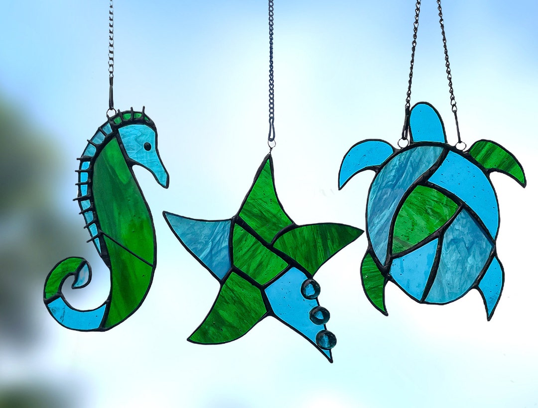 Starfish, Seahorse and Turtle Stained Glass Suncatcher Set for Window ...