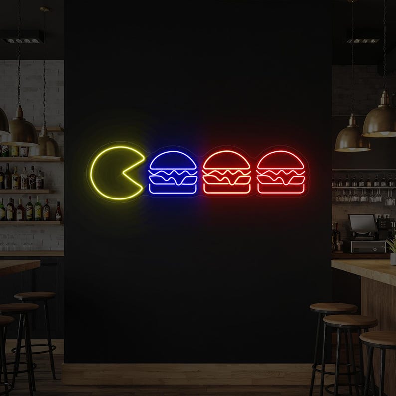 Pac-man Burgers Neon Sign | Retro Arcade LED Wall Decor - Etsy