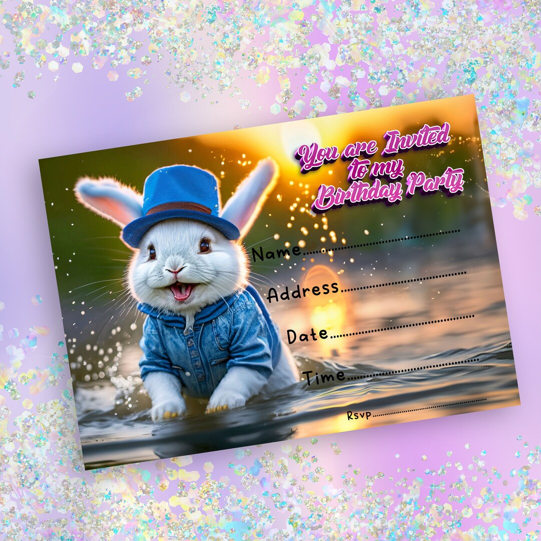 Cute White Rabbit Birthday Printable Invitation Exclusively Designed ...