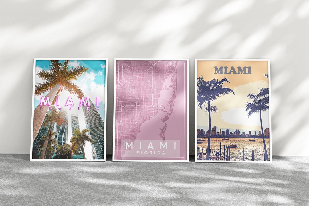 Miami Retro Poster, Set of 3 Travel Poster, Florida Colorful Art ...