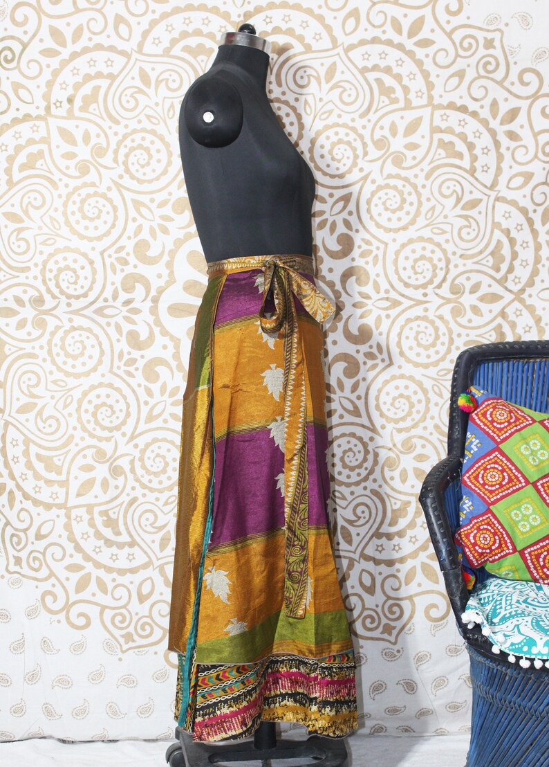 Indian Upcycled Sari Silk Long Wrap Skirt Reversible Layer Assorted ...