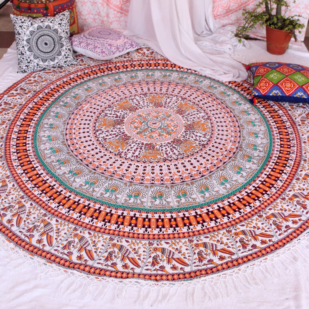 Indian Traditional Hippie Bird Mandala Printed Cotton Roundie Picnic ...