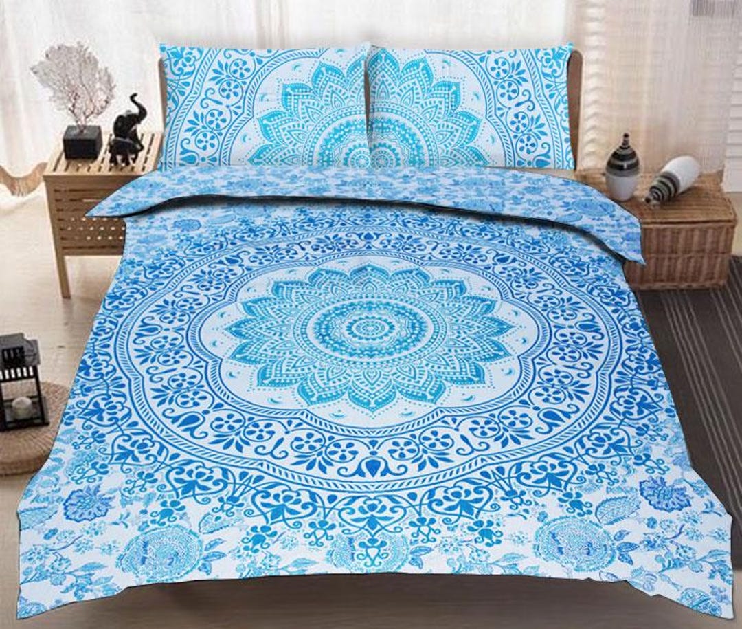 Turquoise Mandala Duvet Cover Set – 100% Cotton Boho Bedding | Floral ...
