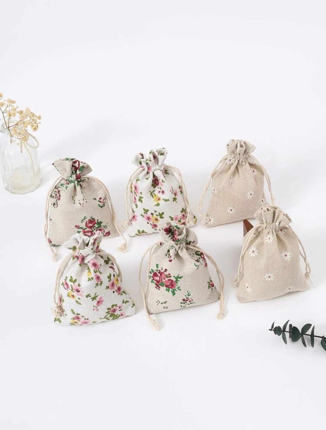 Floral Pattern 6 Pieces Small Gift Pouch Bag,flower Linen Fabric Gift ...