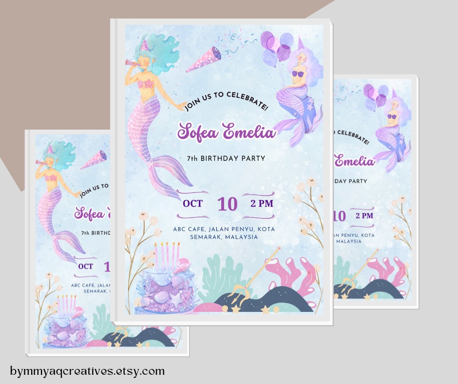 Editable Mermaid Birthday Invitation Card Digital Instant Download ...
