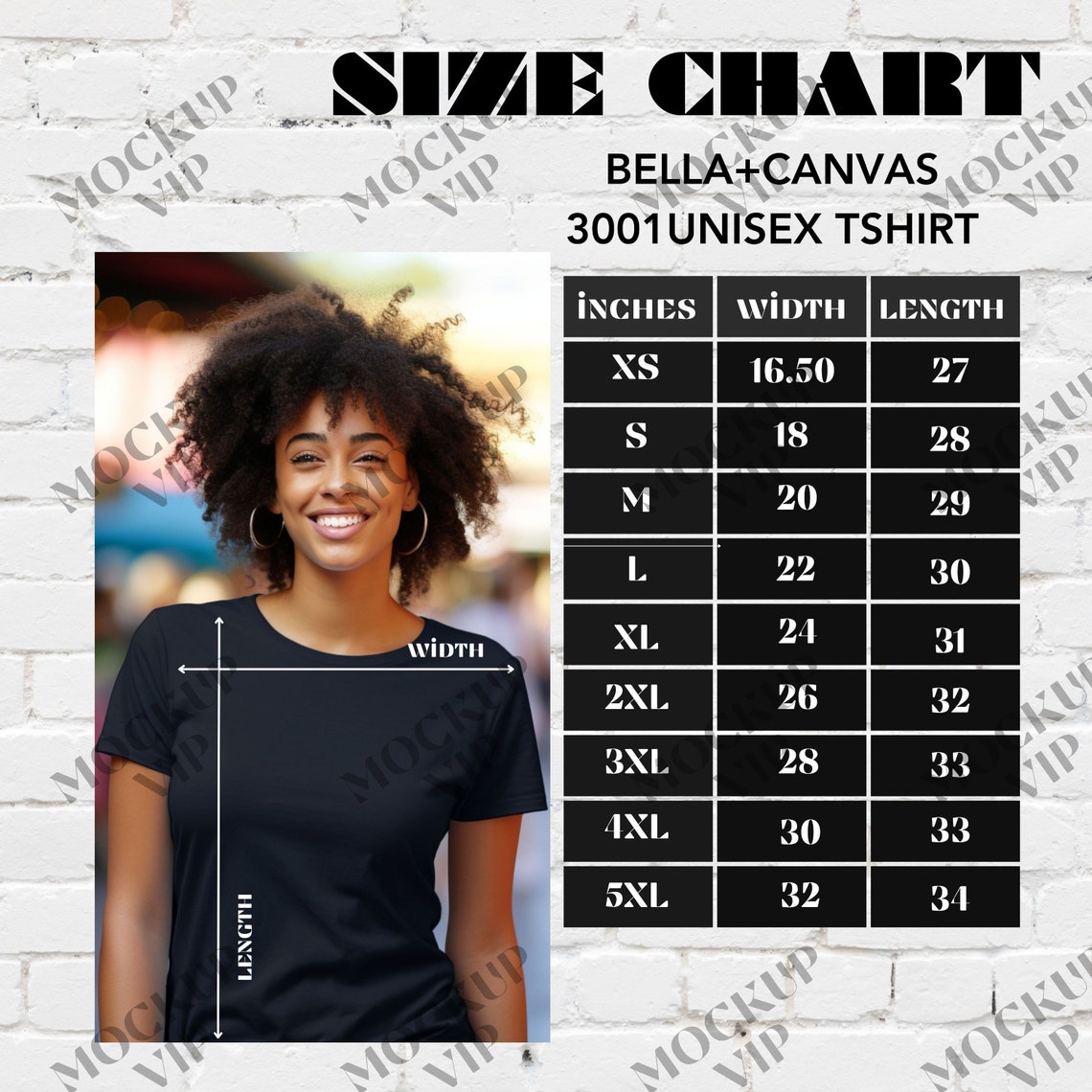 Bella Canvas 3001 Size Chart for Mockup, Unisex Jersey Tshirt, Bella ...