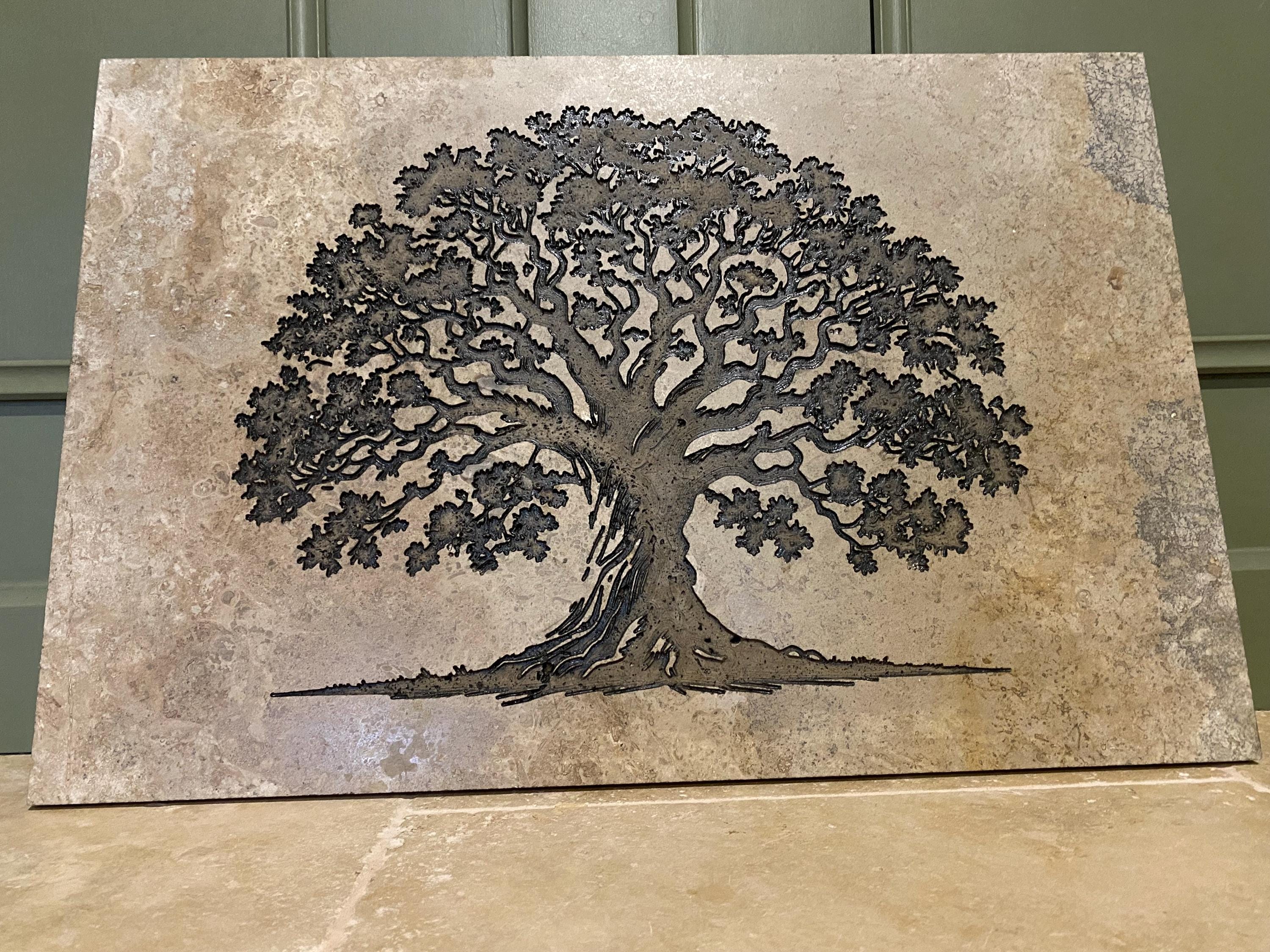 Carved Oak Tree Travertine Tile 16x24 40x60cm Rustic Wall Art, 12mm ...