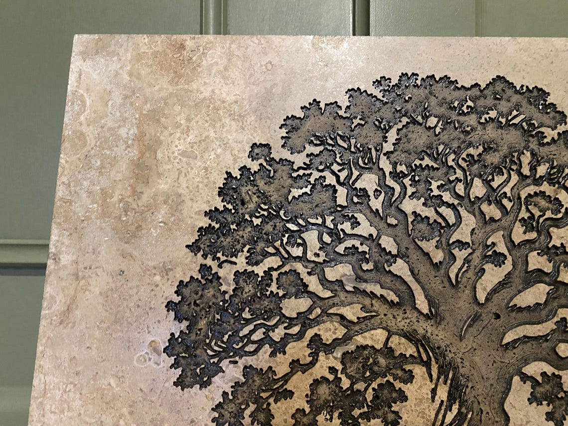 Carved Oak Tree Travertine Tile – 16x24" (40x60cm) Rustic Wall Art ...