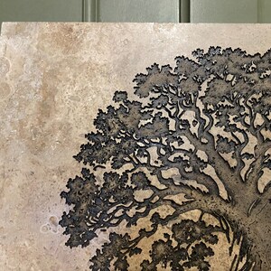 Carved Oak Tree Travertine Tile – 16x24" (40x60cm) Rustic Wall Art ...