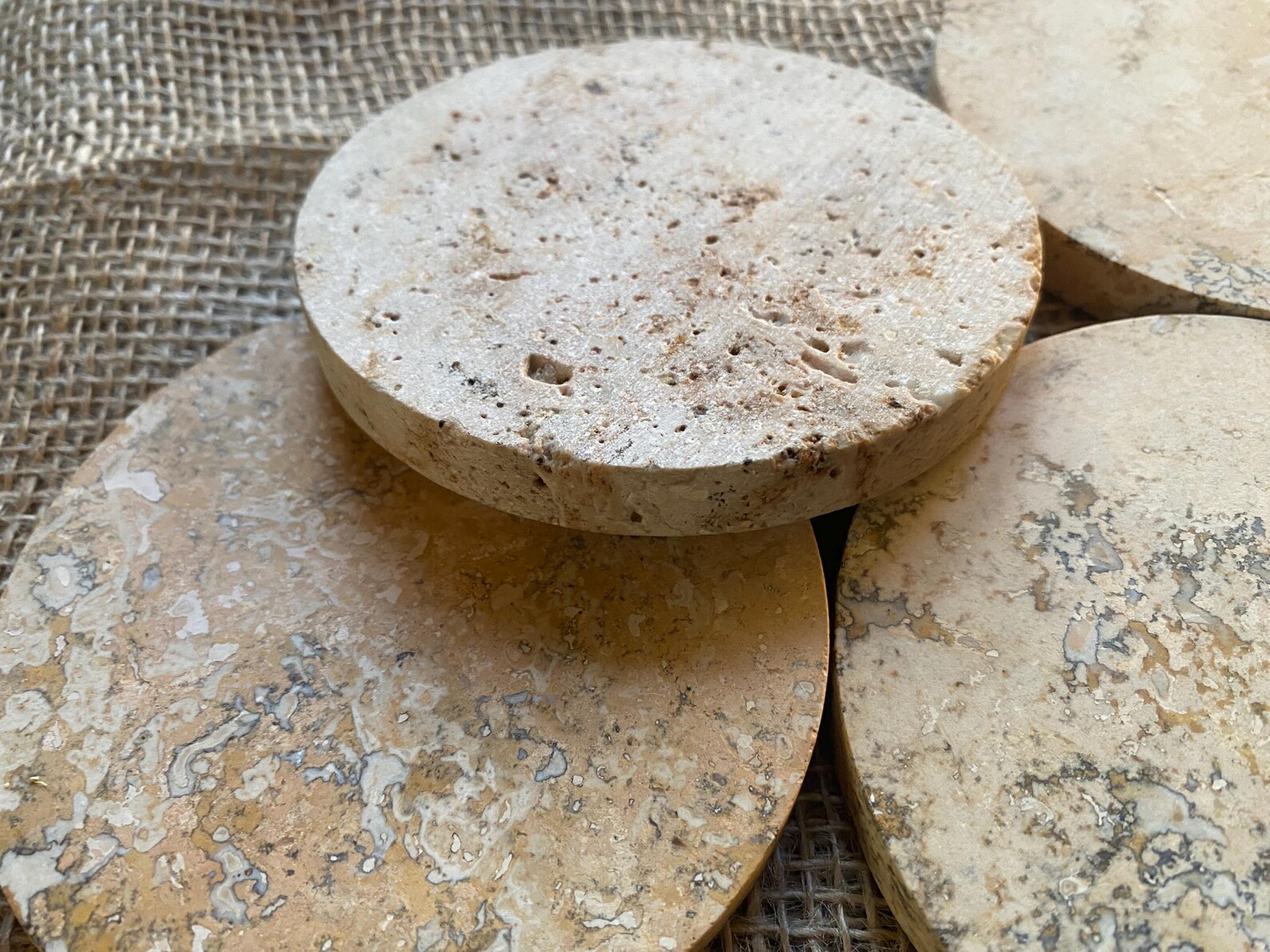 Round Travertine Coaster Set of 4 - Natural Stone Coasters, Rustic ...