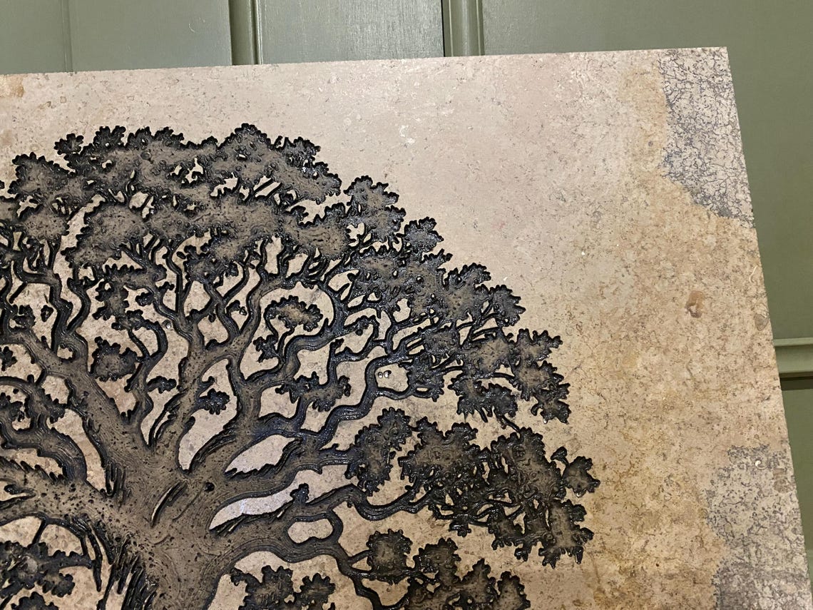 Carved Oak Tree Travertine Tile – 16x24" (40x60cm) Rustic Wall Art ...