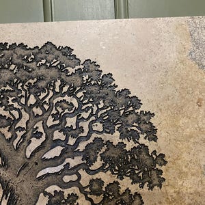 Carved Oak Tree Travertine Tile – 16x24" (40x60cm) Rustic Wall Art ...