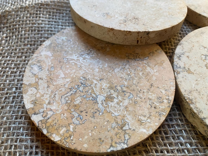 Round Travertine Coaster Set of 4 - Natural Stone Coasters, Rustic ...