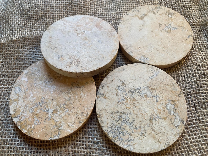 Round Travertine Coaster Set of 4 - Natural Stone Coasters, Rustic ...