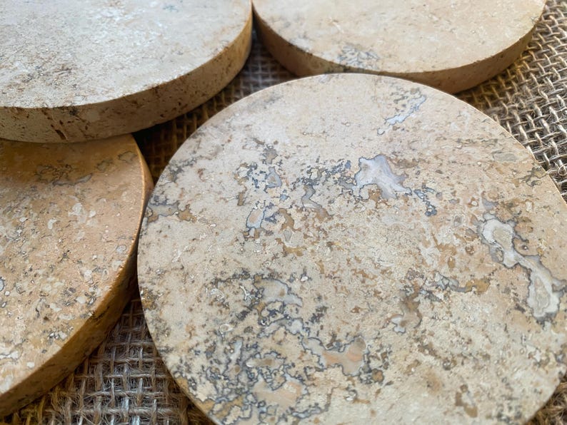 Round Travertine Coaster Set of 4 - Natural Stone Coasters, Rustic ...