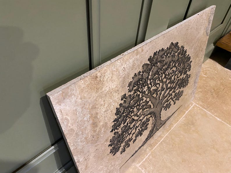 Carved Oak Tree Travertine Tile – 16x24" (40x60cm) Rustic Wall Art ...