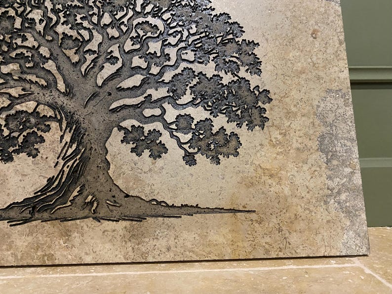 Carved Oak Tree Travertine Tile – 16x24" (40x60cm) Rustic Wall Art ...