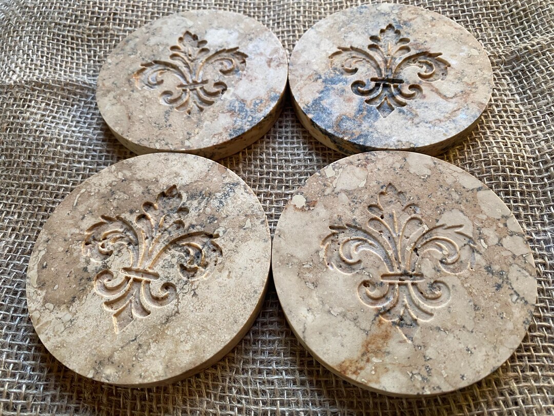Round Travertine Coasters Set of 4 - Fleur-de-lis, Lily Design, Carved ...