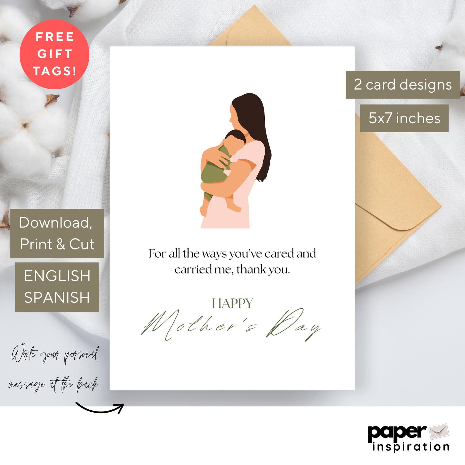 5 PRINTABLE Mother's Day Greeting Card in Portrait English and Spanish ...