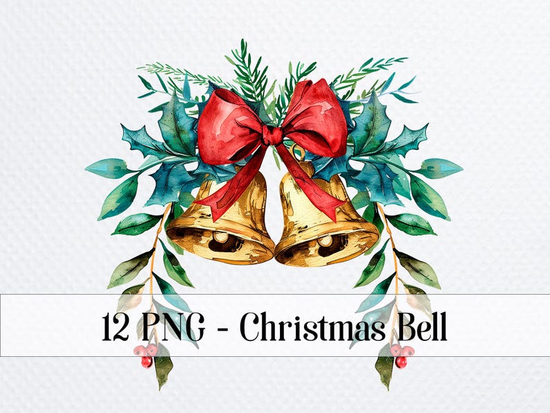 12 Christmas Bell PNG Bundle, Golden Bell Printable Watercolor Clipart ...