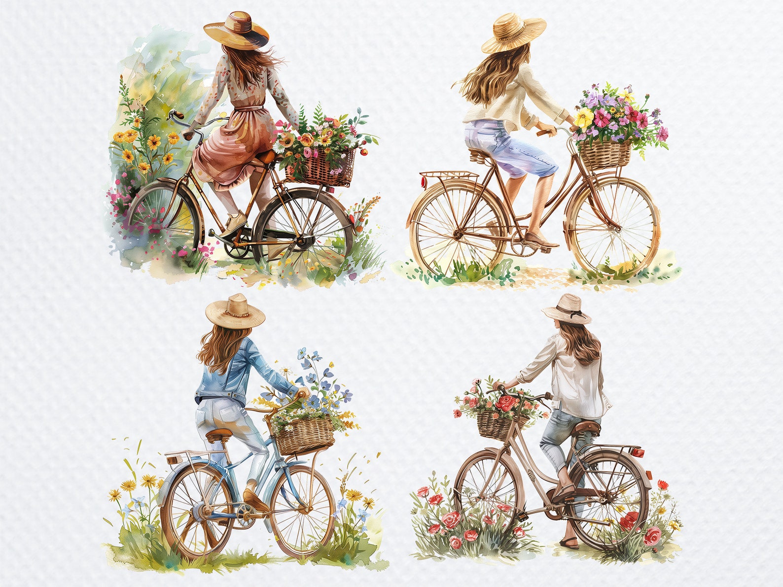 12 PNG Woman on Bicycle Clipart Bundle, Printable Watercolor Floral ...