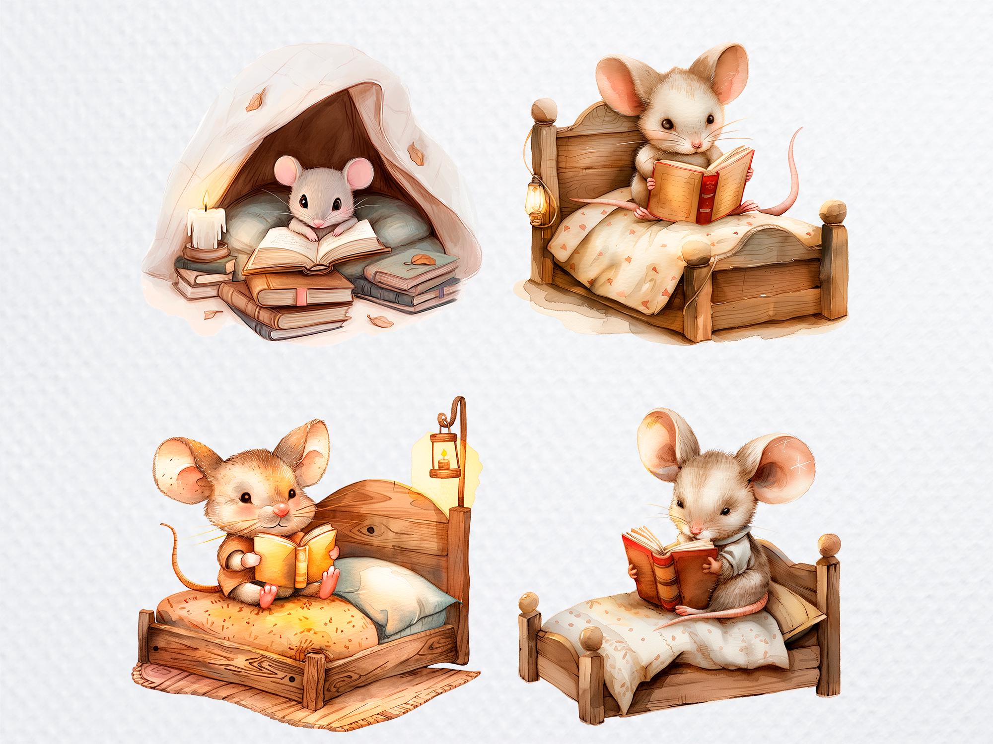 13 Mouse Reading Book PNG Bundle, Mouse Bedroom Watercolor Clipart for ...