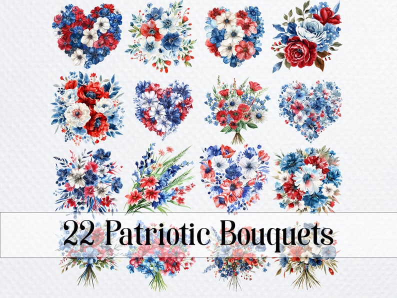 22 Patriotic Bouquets PNG Bundle, Printable Watercolor American USA ...