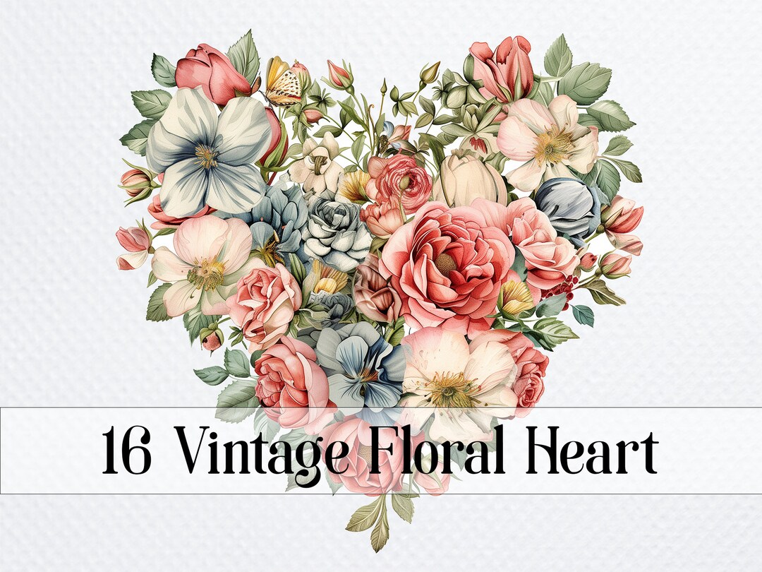 16 Vintage Floral Heart PNG Clipart, Watercolor Clipart, Floral Heart ...