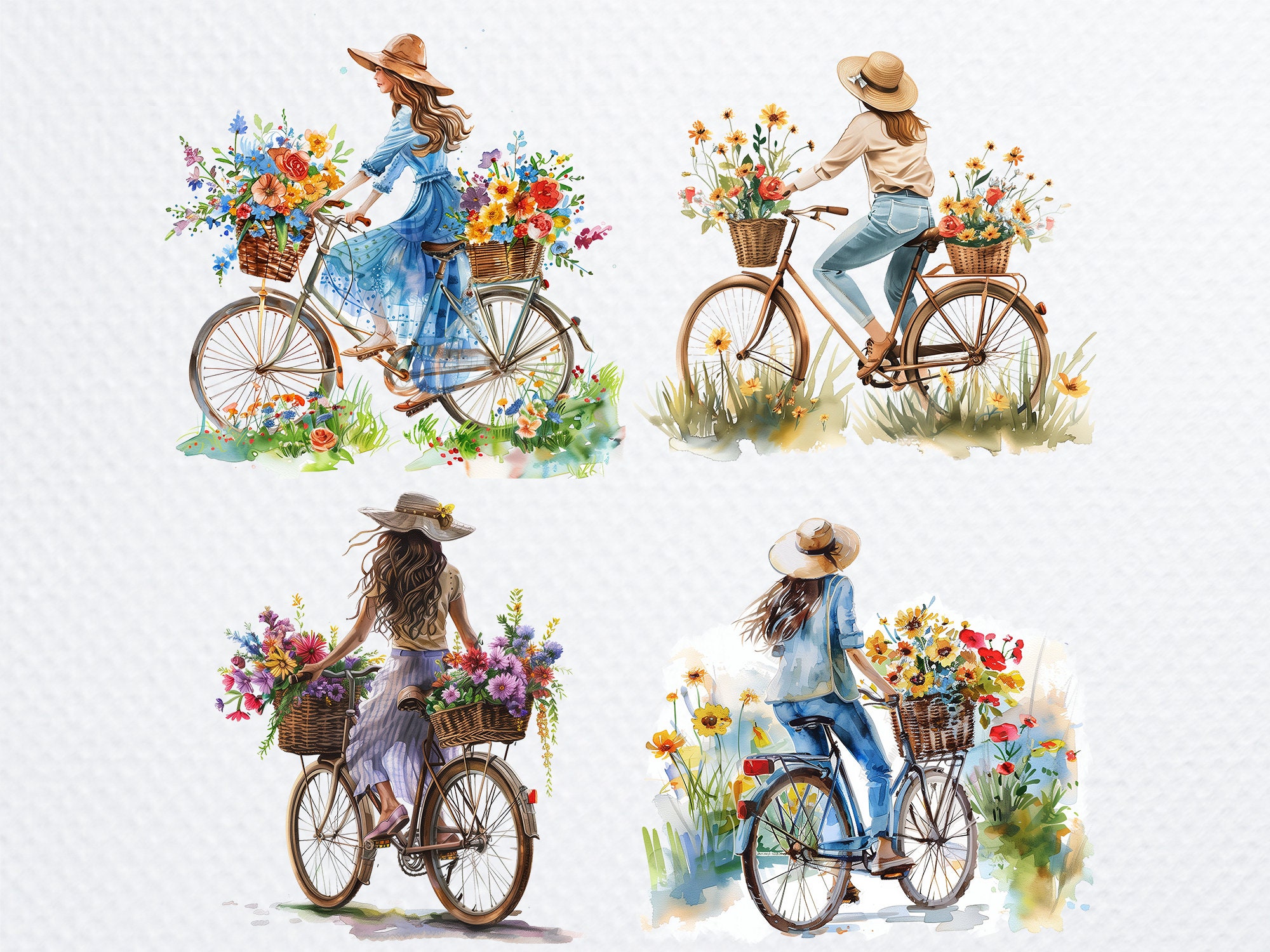 12 PNG Woman on Bicycle Clipart Bundle, Printable Watercolor Floral ...