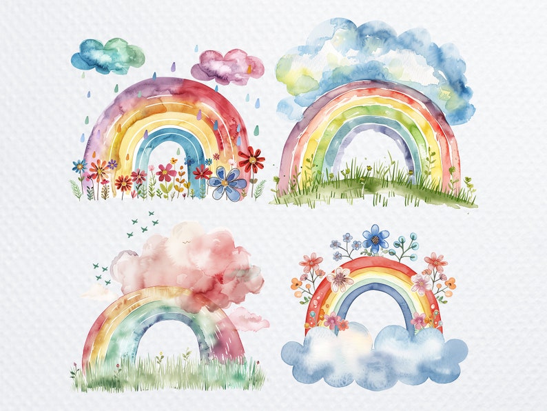 12 PNG Rainbows With Flowers Bundle, Nursery Watercolor Rainbow, Cute ...