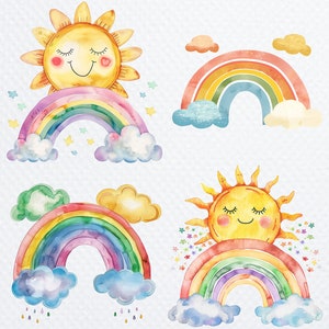 15 Rainbow PNG Bundle, Watercolor Sun and Rainbow Printable Clipart for ...