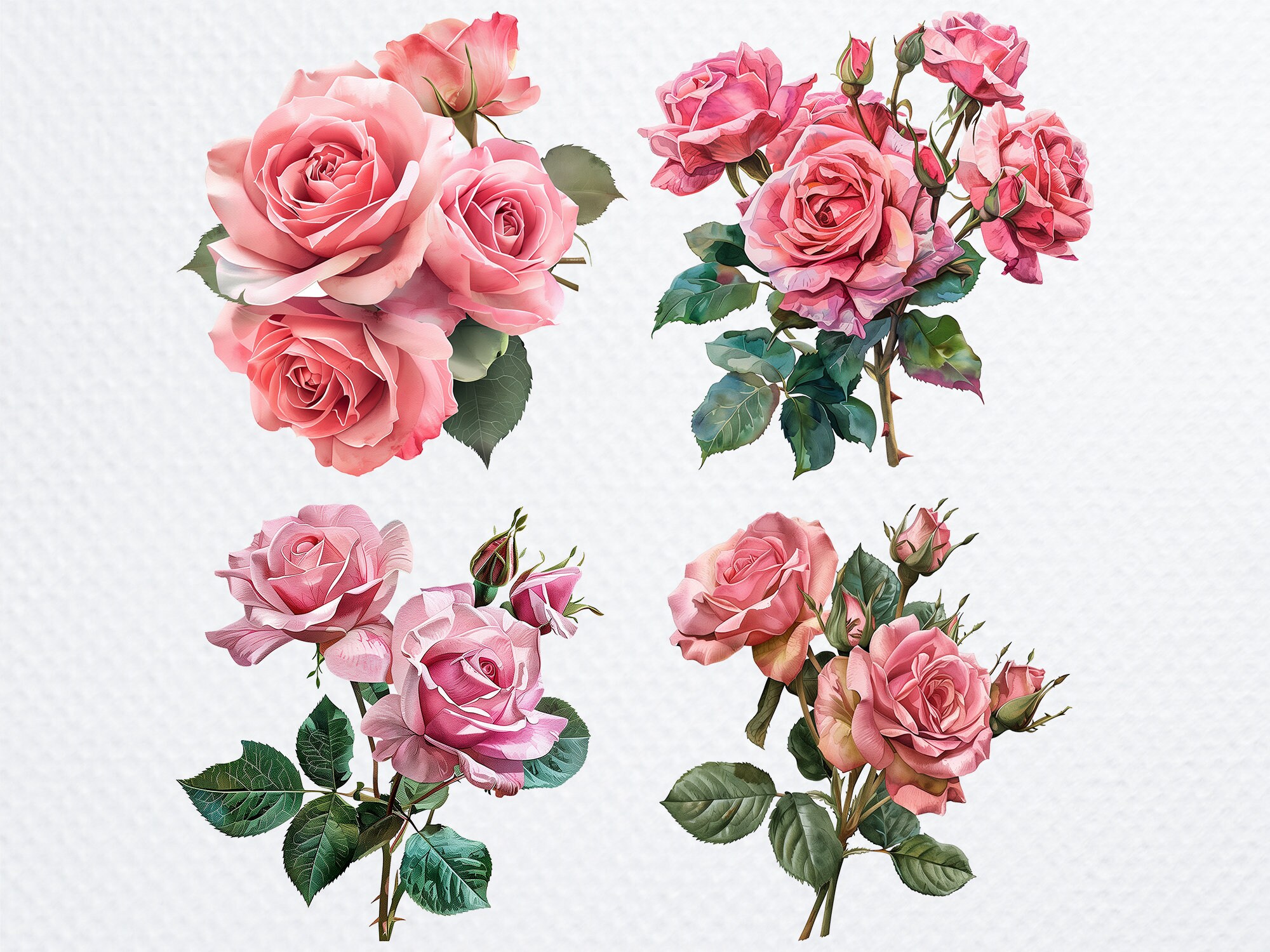 16 Pink Roses PNG Bundle, Watercolor Roses Bouquet for Sublimation ...