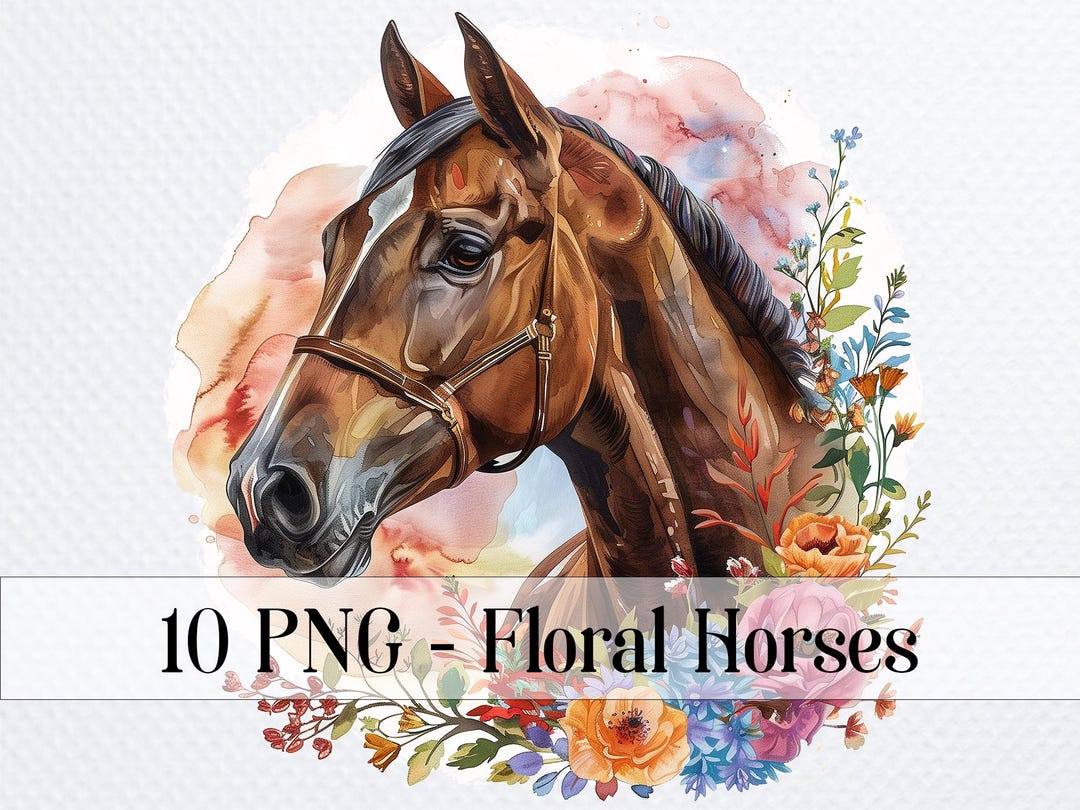 10 Floral Horses PNG Bundle, Printable Watercolor Floral Horses Clipart ...