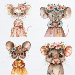 21 Boho Mouse PNG Bundle, Cute Cartoon Mous, Watercolor Clipart for ...