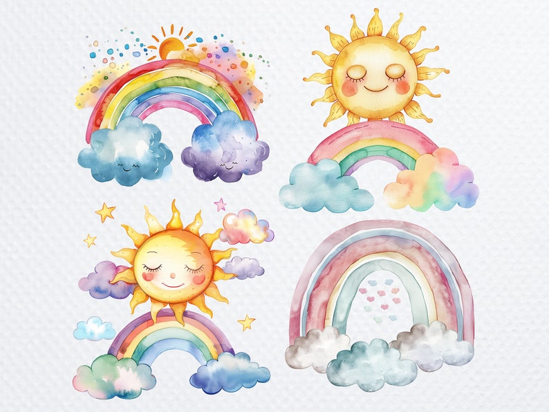 15 Rainbow PNG Bundle, Watercolor Sun and Rainbow Printable Clipart for ...