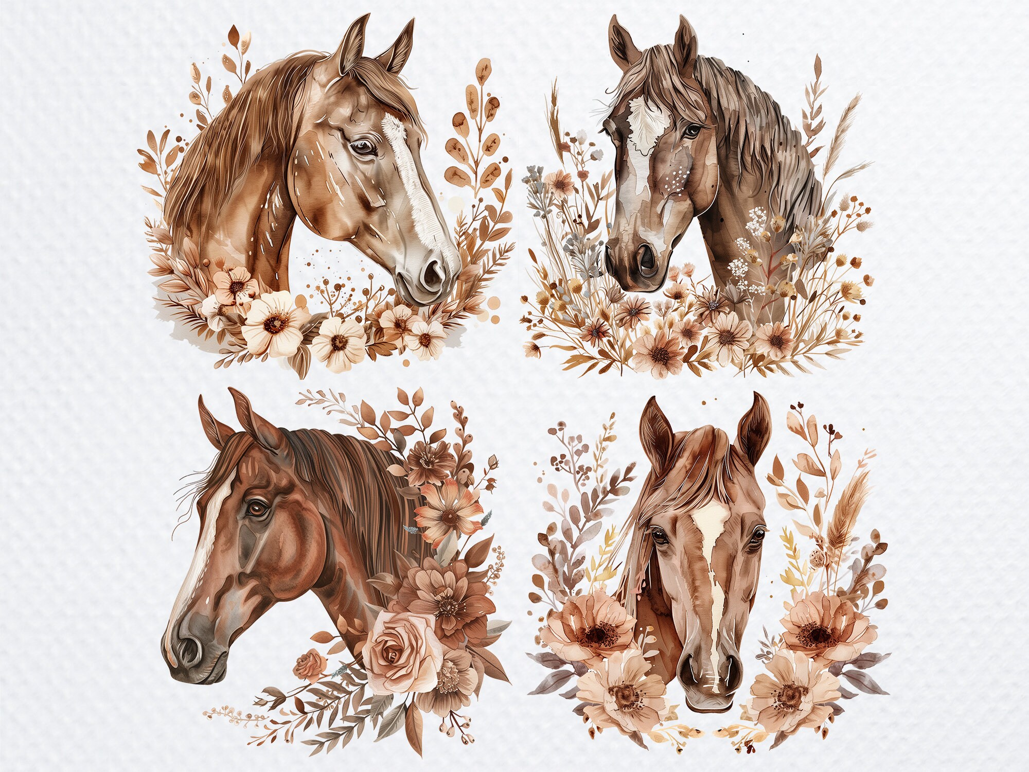 20 Floral Horses Clipart in Brown Boho Floral, Printable Watercolor ...