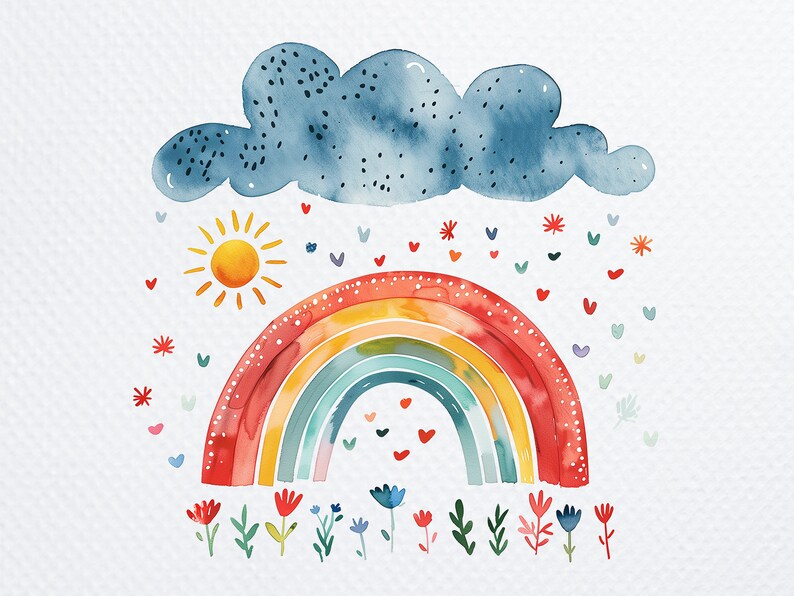15 Rainbow PNG Bundle, Watercolor Sun and Rainbow Printable Clipart for ...