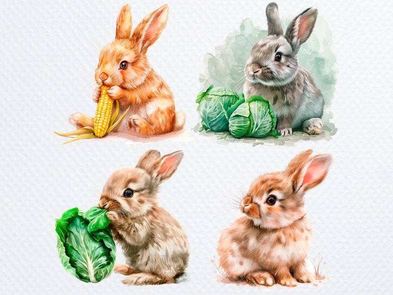 15 PNG Fluffy Bunny Bundle, Rabbit Clipart, Printable Watercolor ...