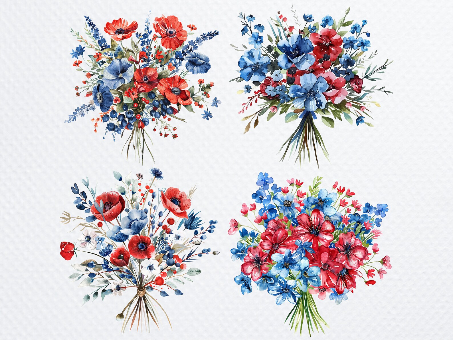 22 Patriotic Bouquets PNG Bundle, Printable Watercolor American USA ...