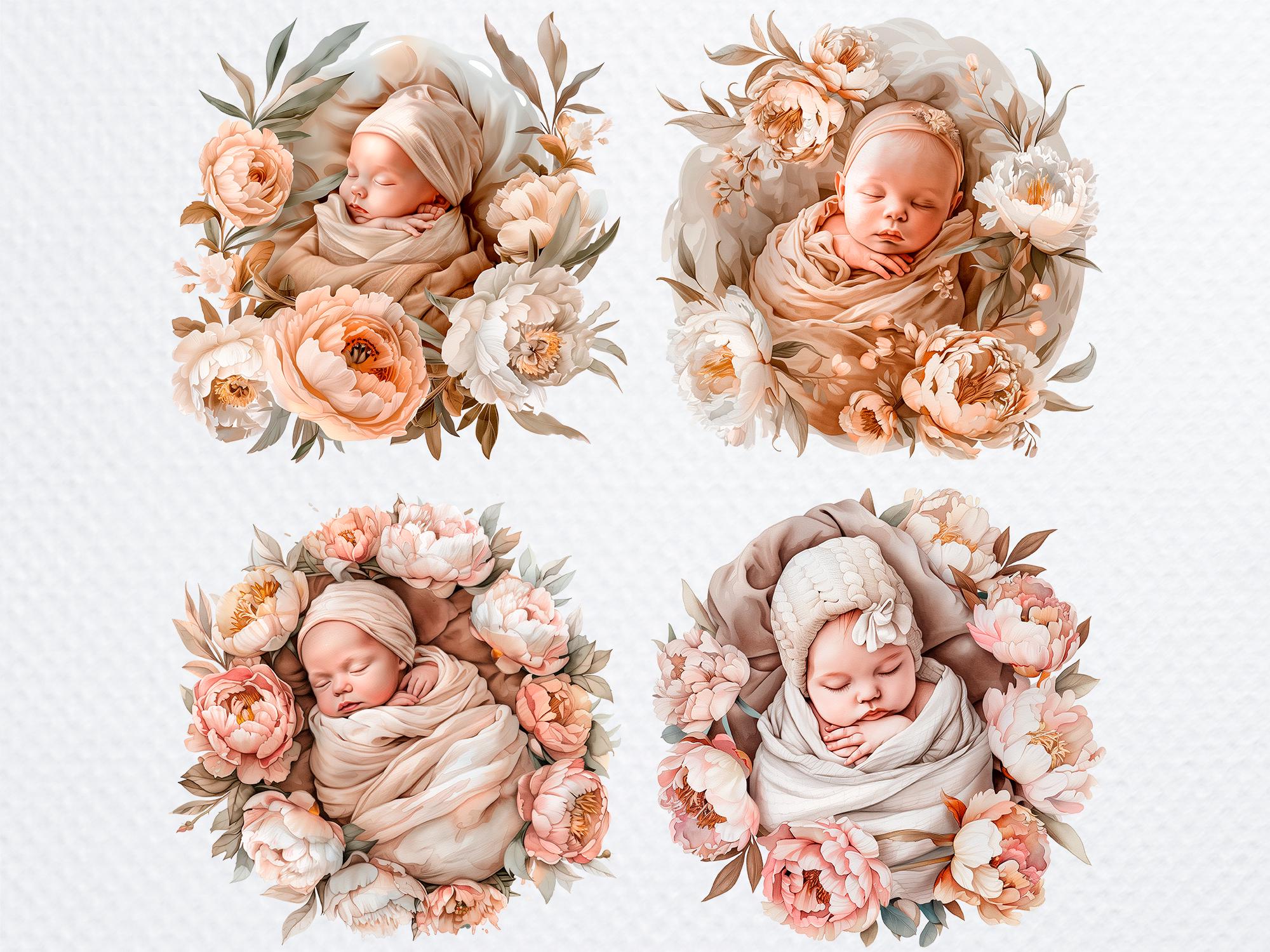 12 Baby in Flowers PNG Bundle, Baby Shower Printable Watercolor Clipart ...