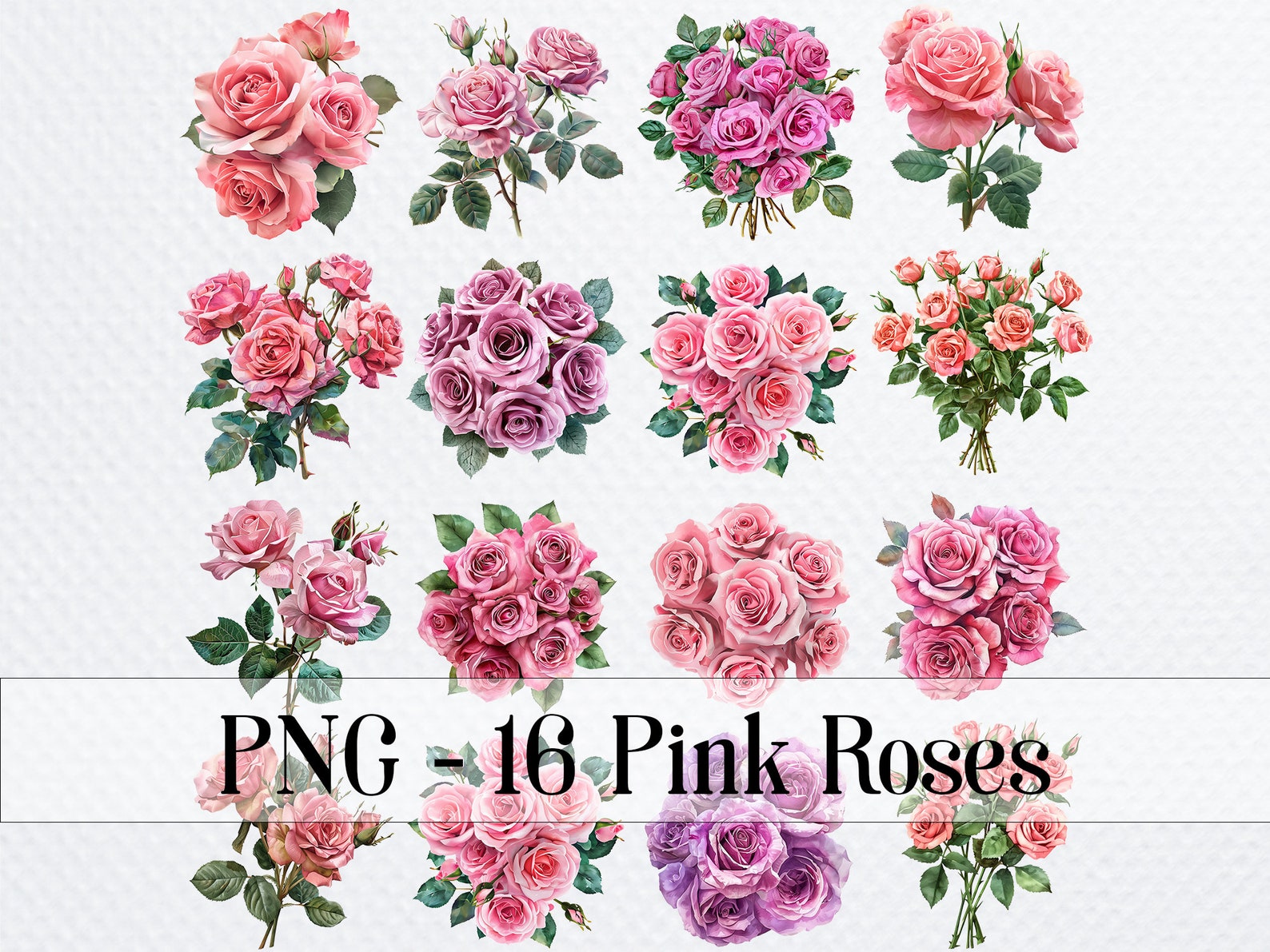16 Pink Roses PNG Bundle, Watercolor Roses Bouquet for Sublimation ...