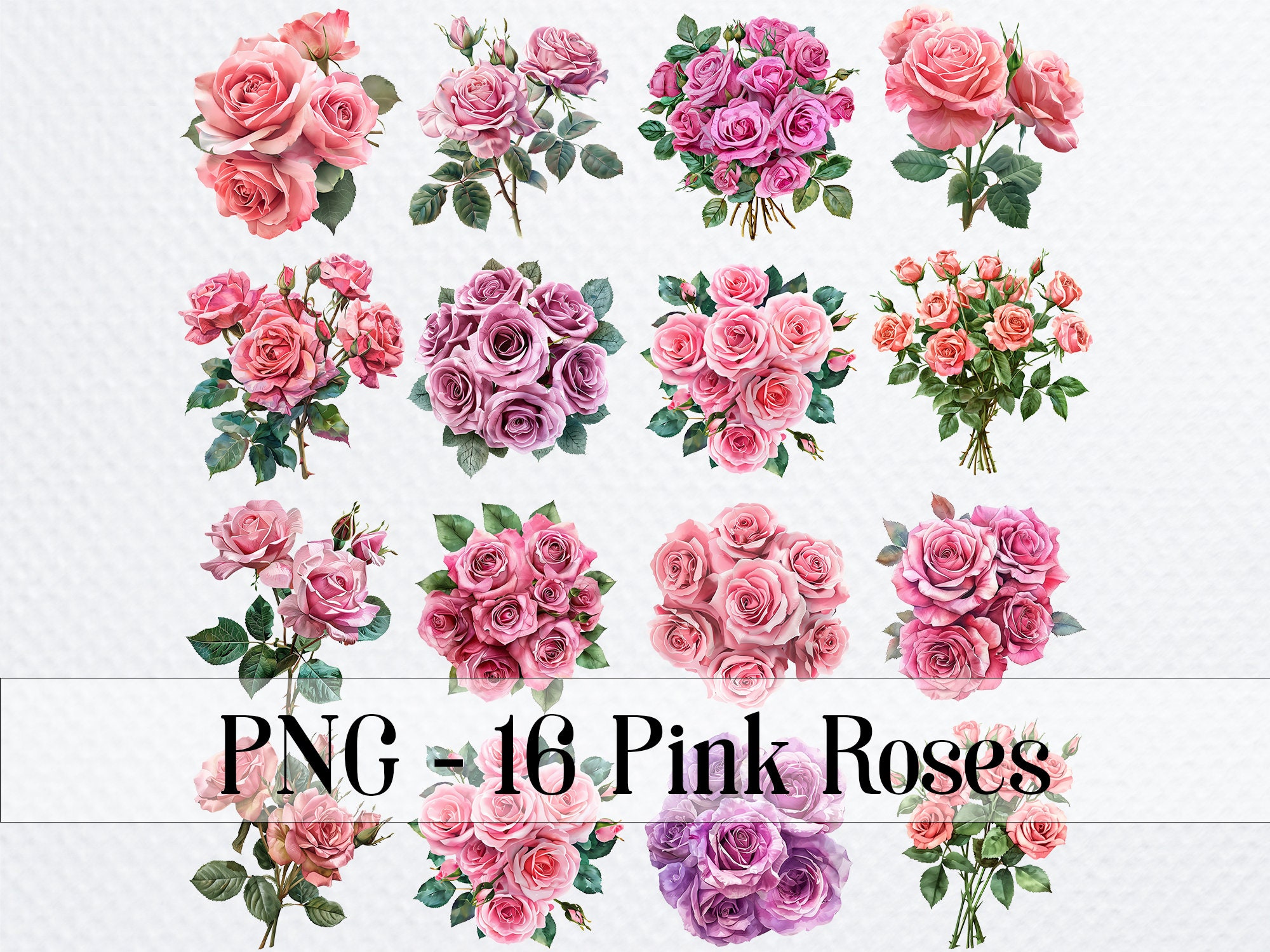 16 Pink Roses PNG Bundle, Watercolor Roses Bouquet for Sublimation ...
